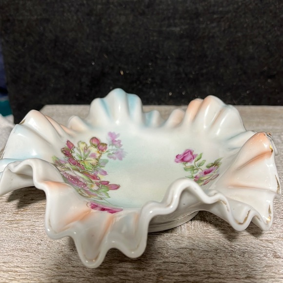 Dining | Vintage Milk Glass Hand Pained Flowers Ruffled Edge Candy Dish ...